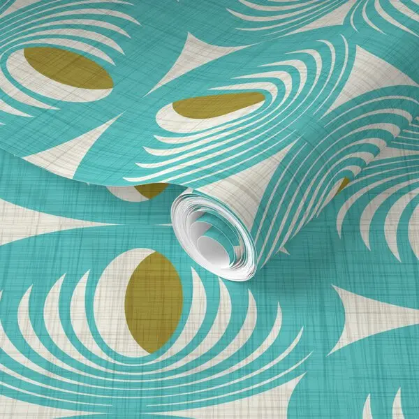 Spoonflower Mid Century Modern Geometric Aqua Green Custom Pre-pasted Wallpaper - Blue,green,turquoise