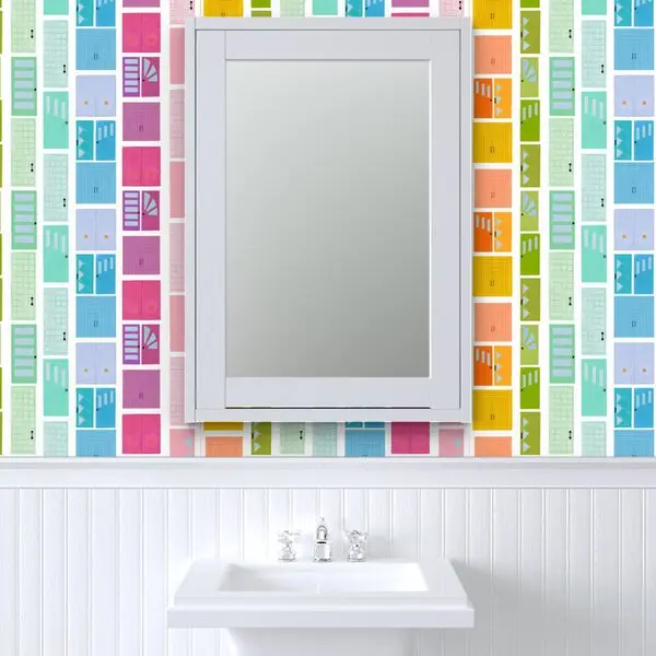 Spoonflower Palm Geometric House Pastel Architecture Custom Pre-pasted Wallpaper