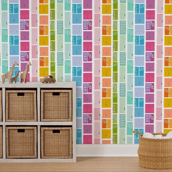 Spoonflower Palm Geometric House Pastel Architecture Custom Pre-pasted Wallpaper
