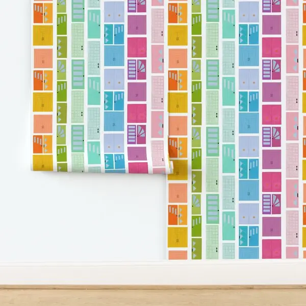Spoonflower Palm Geometric House Pastel Architecture Custom Pre-pasted Wallpaper