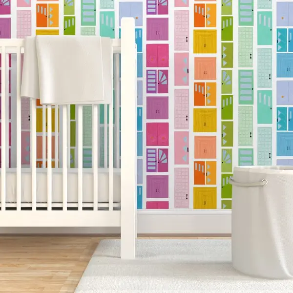 Spoonflower Palm Geometric House Pastel Architecture Custom Pre-pasted Wallpaper