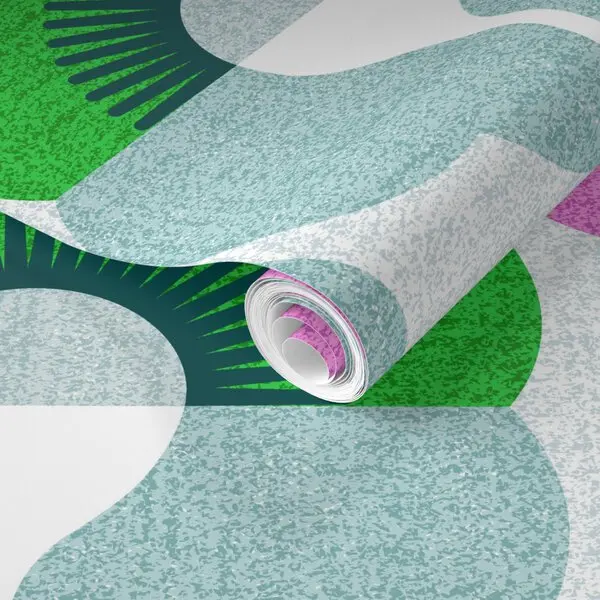 Spoonflower Mid Century Palm Trees Pink Green Jumbo Scale Custom Pre-pasted Wallpaper - Green,purple,gray