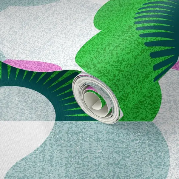 Spoonflower Mid Century Palm Trees Pink Green Jumbo Scale Custom Pre-pasted Wallpaper - Green,purple,gray
