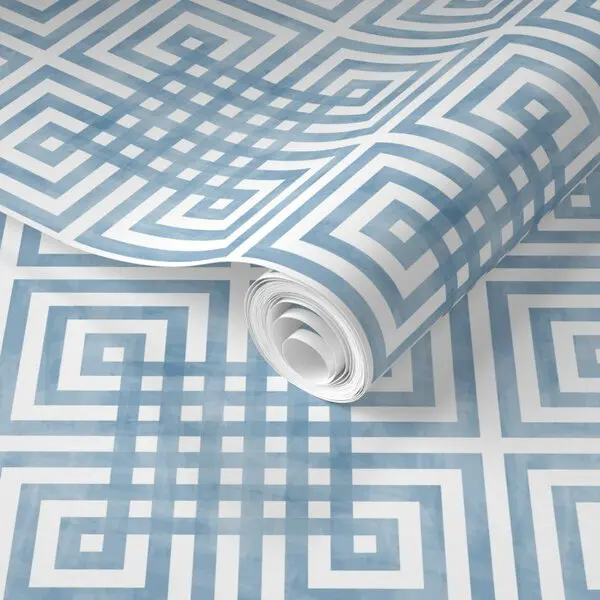 Spoonflower Grid Blue Asian Plaid Geometric Greek Key Abstract Custom Pre-pasted Wallpaper - Blue,mint,green