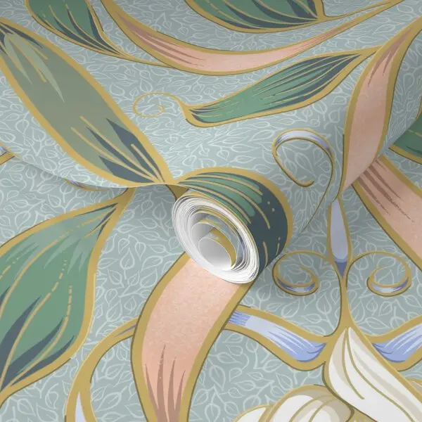 Spoonflower Nouveau Mint Green Floral Nature Blossoms Elegant Custom Removable Wallpaper - Green,pink,gray