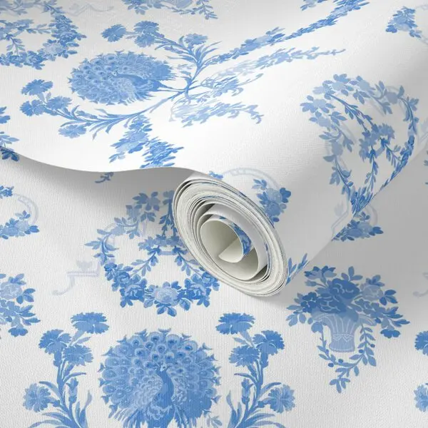 Spoonflower Vintage Peacock Blue White Toile Baroque Flowers Custom Pre-pasted Wallpaper - Blue,white