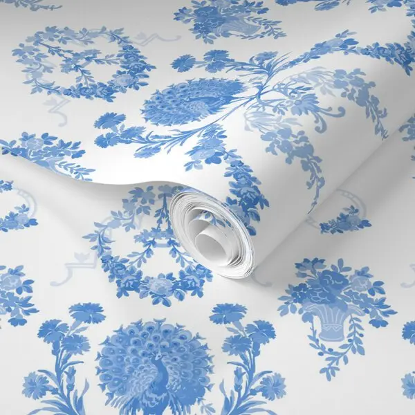 Spoonflower Vintage Peacock Blue White Toile Baroque Flowers Custom Pre-pasted Wallpaper - Blue,white