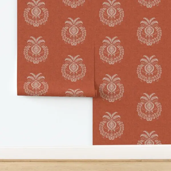 Spoonflower Vintage Victorian Spice Orange Damask Botanical Custom Pre-pasted Wallpaper