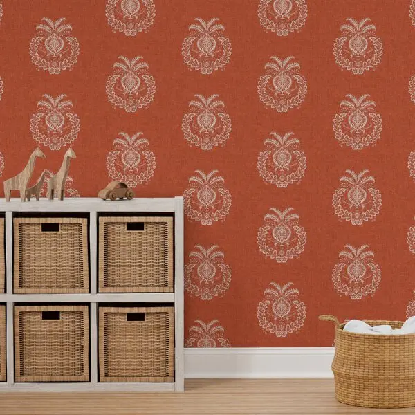 Spoonflower Vintage Victorian Spice Orange Damask Botanical Custom Pre-pasted Wallpaper
