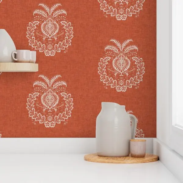 Spoonflower Vintage Victorian Spice Orange Damask Botanical Custom Pre-pasted Wallpaper