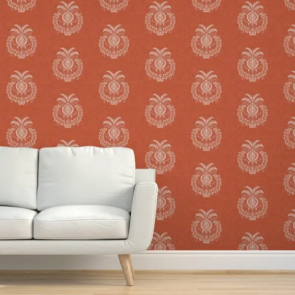 Spoonflower Vintage Victorian Spice Orange Damask Botanical Custom Pre-pasted Wallpaper