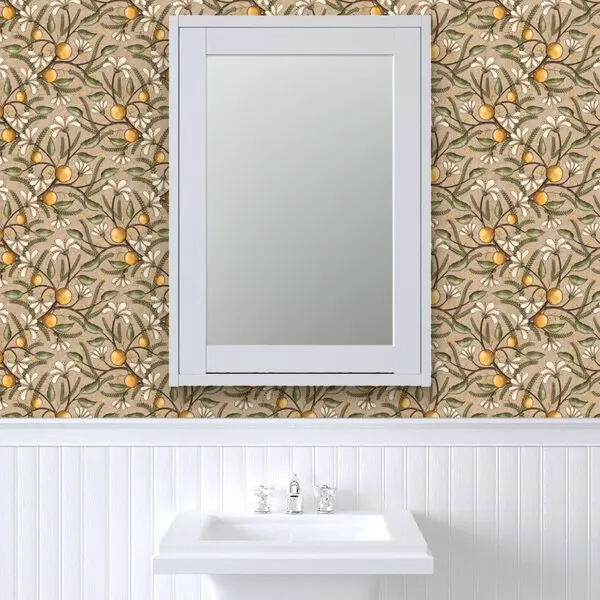 Spoonflower Citrus Neutral Oranges Summer Blossoms Kitchen Custom Pre-pasted Wallpaper