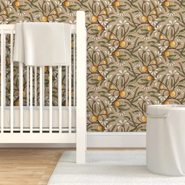 Spoonflower Citrus Neutral Oranges Summer Blossoms Kitchen Custom Pre-pasted Wallpaper