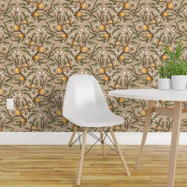 Spoonflower Citrus Neutral Oranges Summer Blossoms Kitchen Custom Pre-pasted Wallpaper