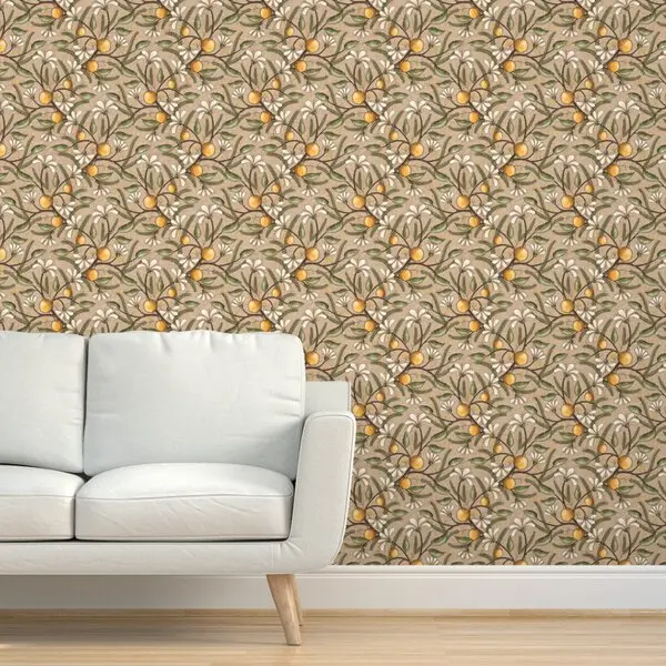Spoonflower Citrus Neutral Oranges Summer Blossoms Kitchen Custom Pre-pasted Wallpaper