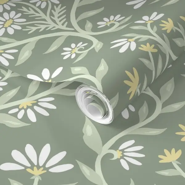 Spoonflower Green Flowers Floral Plants Native Neutral Custom Pre-pasted Wallpaper - Green,yellow,sage