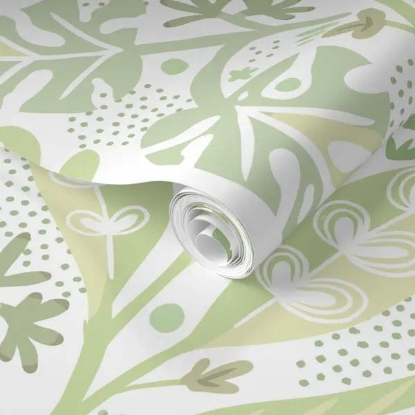 Spoonflower Meadow Leaves Olive Green Botanical Neutral Custom Pre-pasted Wallpaper - Sage,gray,green