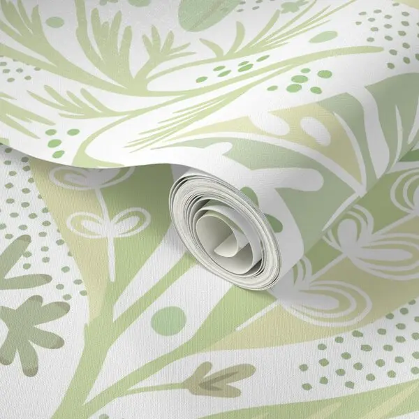 Spoonflower Meadow Leaves Olive Green Botanical Neutral Custom Pre-pasted Wallpaper - Sage,gray,green