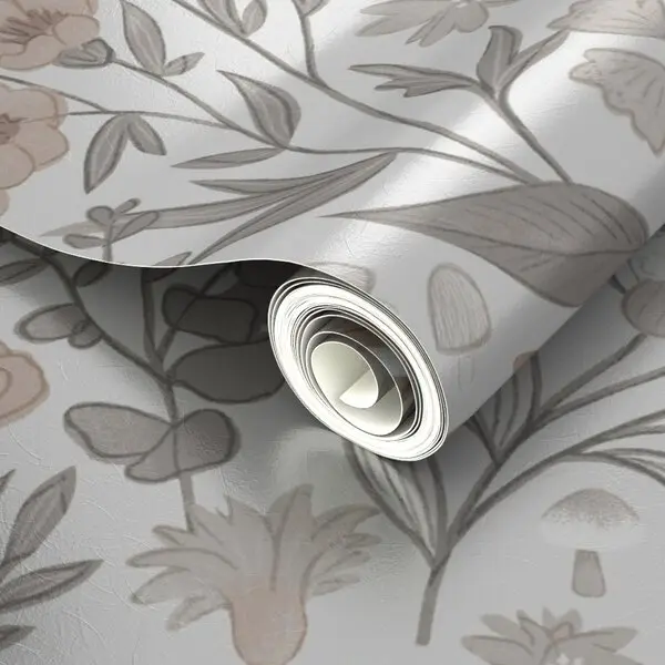 Spoonflower Neutral Eucalyptus Wildflowers Floral Wallpaper Custom Pre-pasted Wallpaper - Gray