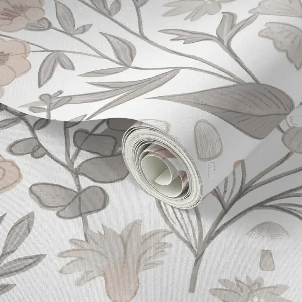 Spoonflower Neutral Eucalyptus Wildflowers Floral Wallpaper Wallpaper - Gray