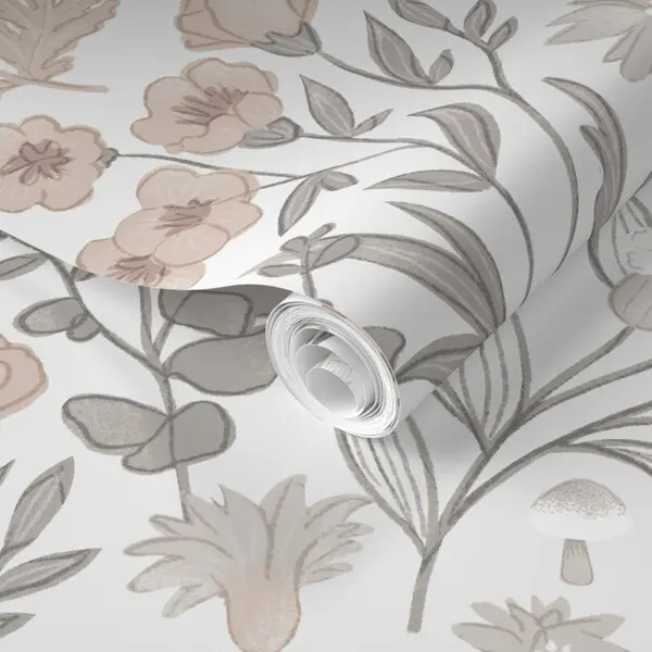 Spoonflower Neutral Eucalyptus Wildflowers Floral Wallpaper Custom Removable Wallpaper - Gray