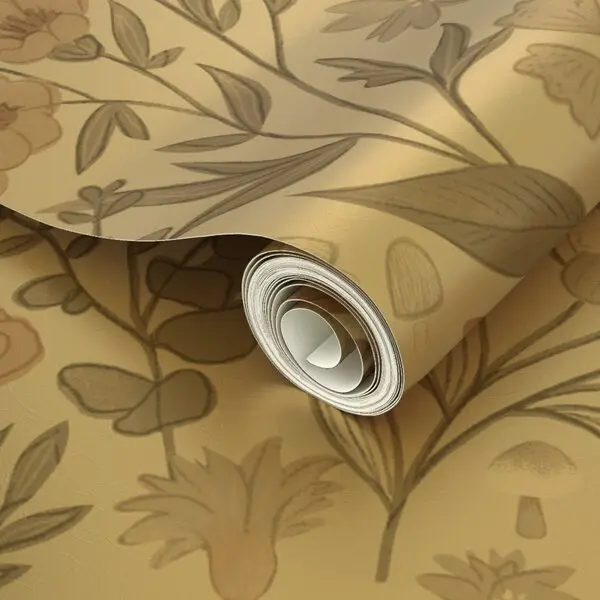 Spoonflower Neutral Eucalyptus Wildflowers Floral Wallpaper Wallpaper - Gray
