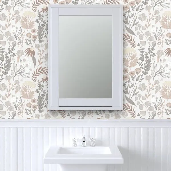 Spoonflower Neutral Eucalyptus Wildflowers Floral Wallpaper Custom Pre-pasted Wallpaper