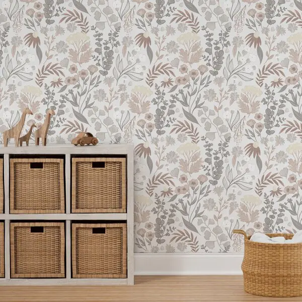 Spoonflower Neutral Eucalyptus Wildflowers Floral Wallpaper Custom Pre-pasted Wallpaper