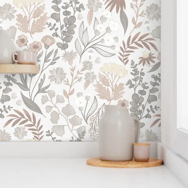 Spoonflower Neutral Eucalyptus Wildflowers Floral Wallpaper Custom Pre-pasted Wallpaper