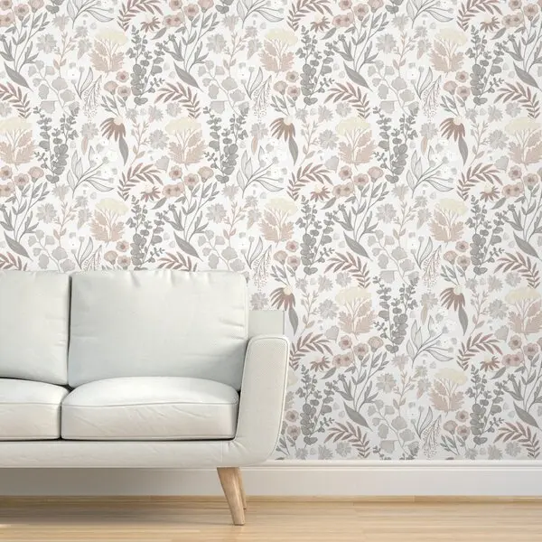 Spoonflower Neutral Eucalyptus Wildflowers Floral Wallpaper Custom Pre-pasted Wallpaper