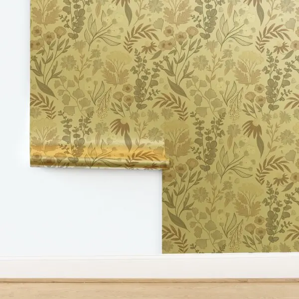 Spoonflower Neutral Eucalyptus Wildflowers Floral Wallpaper Wallpaper