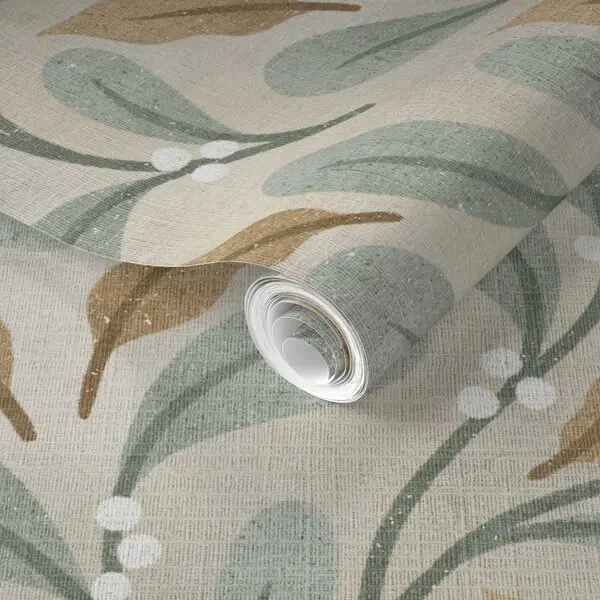 Spoonflower Botanicals Vintage Green Leaves Floral Neutral Custom Removable Wallpaper - Beige,green,gray