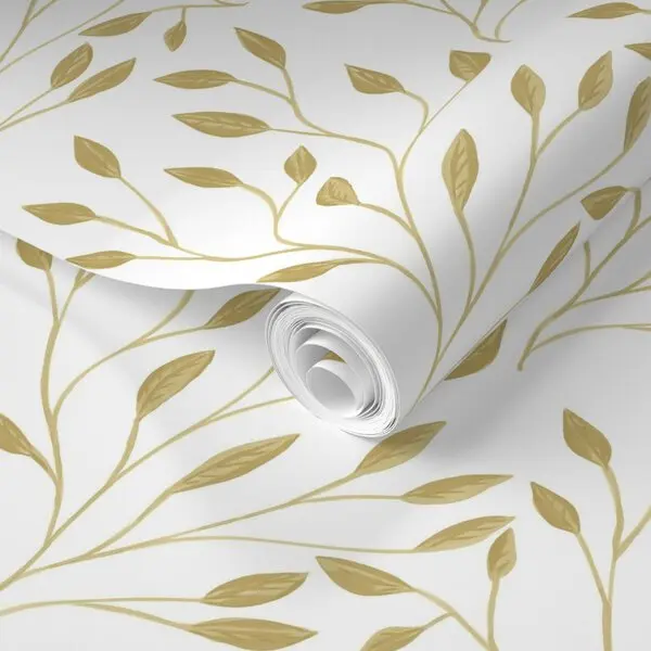 Spoonflower Leaves Warm Neutral White Nature Sprigs Pale Custom Removable Wallpaper - Gold,white,gray