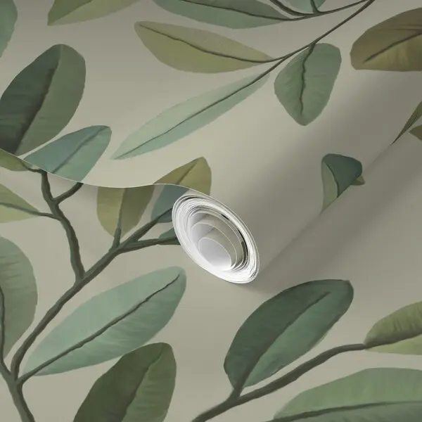 Spoonflower Tropical Leaves Branches Olive Plant Neutral Green Custom Pre-pasted Wallpaper - Green,beige,sage