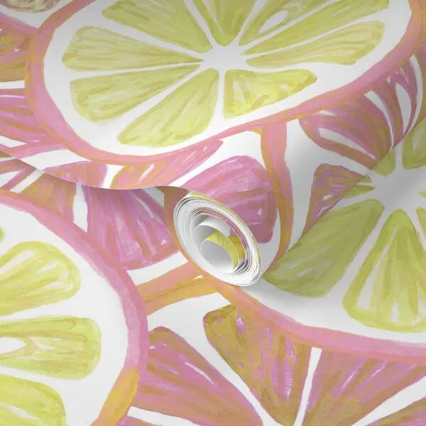 Spoonflower Pink Lemons Yellow Fruit Lime Fresh Spring Summer Custom Pre-pasted Wallpaper