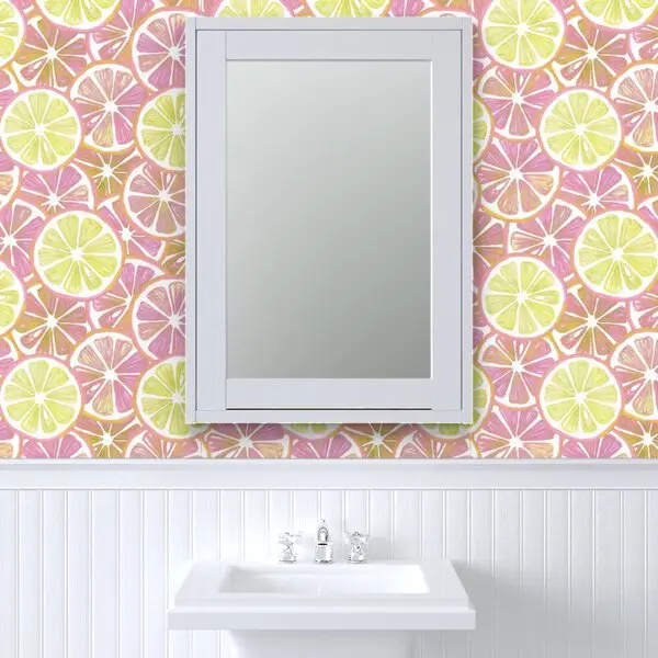 Spoonflower Pink Lemons Yellow Fruit Lime Fresh Spring Summer Custom Pre-pasted Wallpaper