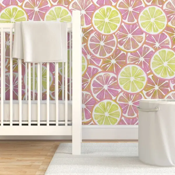Spoonflower Pink Lemons Yellow Fruit Lime Fresh Spring Summer Custom Pre-pasted Wallpaper