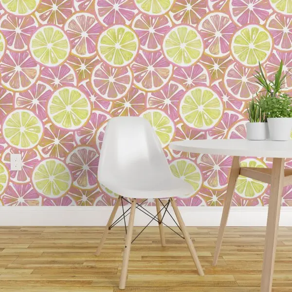 Spoonflower Pink Lemons Yellow Fruit Lime Fresh Spring Summer Custom Pre-pasted Wallpaper