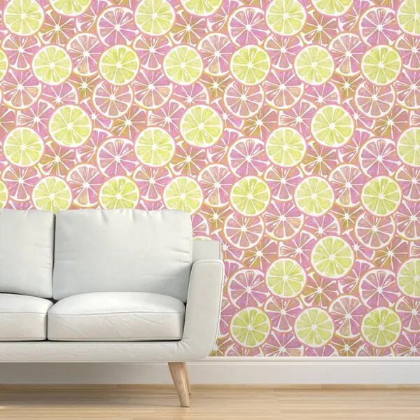 Spoonflower Pink Lemons Yellow Fruit Lime Fresh Spring Summer Custom Pre-pasted Wallpaper
