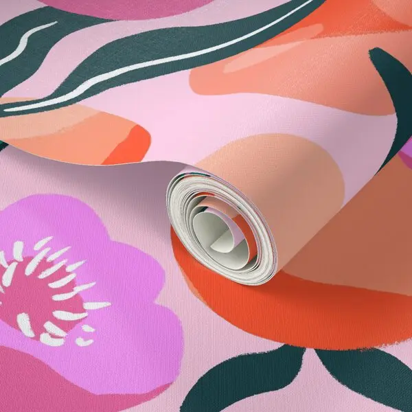 Spoonflower Fruit Floral Pink Green Flowers Summer Oranges Custom Pre-pasted Wallpaper - Pink,purple,blue