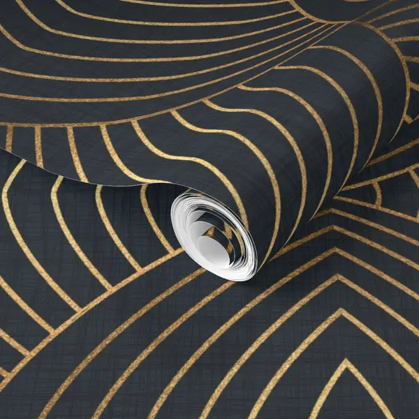 Spoonflower Faux Gold Art Deco Blue Chic Elegant Custom Pre-pasted Wallpaper - Black,brown,sage