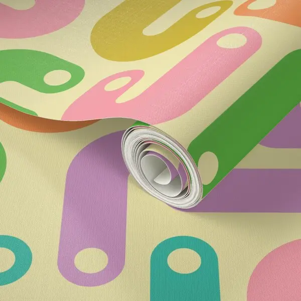 Spoonflower Postmodern Abstract 1980s Geometric Bright Summer Custom Pre-pasted Wallpaper - Green,beige,brown