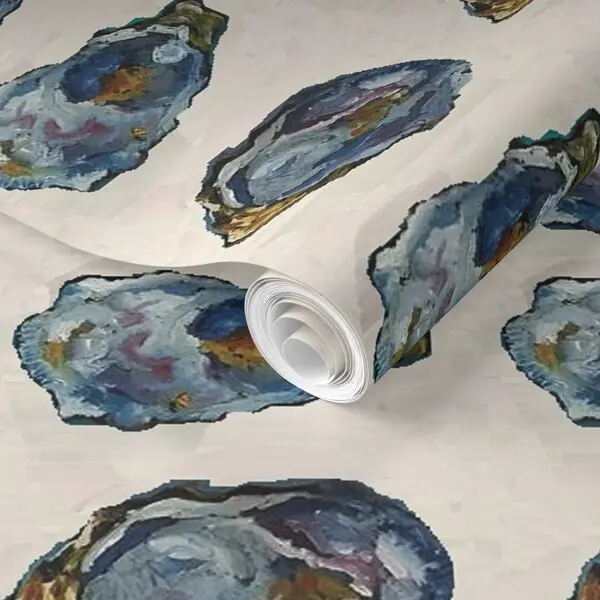 Spoonflower Oysters Ocean Scallop Oyster Scallops Seashell Custom Pre-pasted Wallpaper - Beige,blue,white