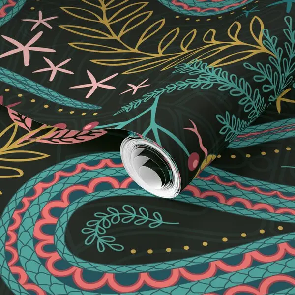 Spoonflower Nature Forest Dark Whimsical Gothic Colorful Custom Pre-pasted Wallpaper - Teal