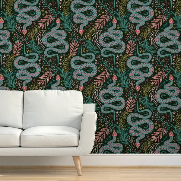 Spoonflower Nature Forest Dark Whimsical Gothic Colorful Custom Pre-pasted Wallpaper - Teal