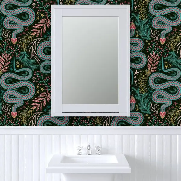 Spoonflower Nature Forest Dark Whimsical Gothic Colorful Custom Pre-pasted Wallpaper - Teal