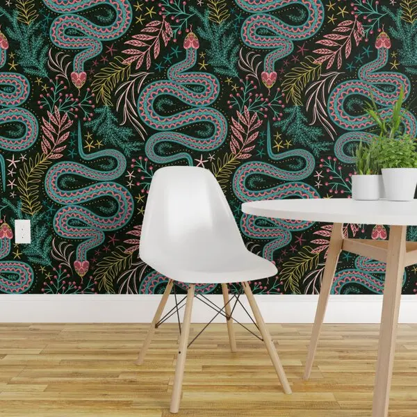 Spoonflower Nature Forest Dark Whimsical Gothic Colorful Custom Pre-pasted Wallpaper - Teal