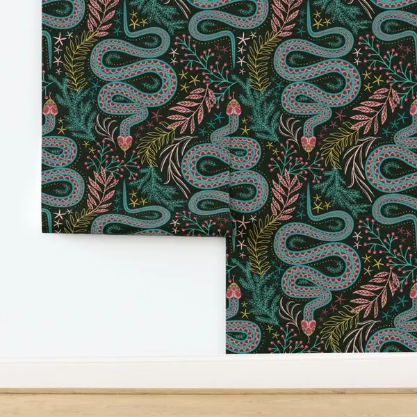 Spoonflower Nature Forest Dark Whimsical Gothic Colorful Custom Pre-pasted Wallpaper - Teal