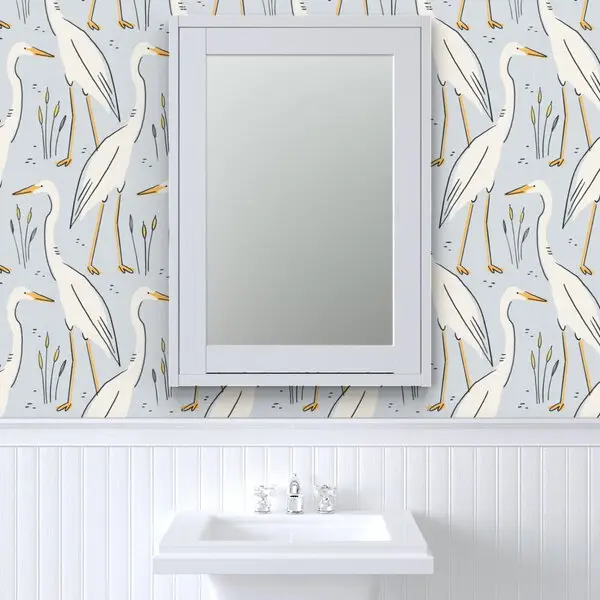 Spoonflower Bird Birds Marsh Lake Herons Custom Pre-pasted Wallpaper