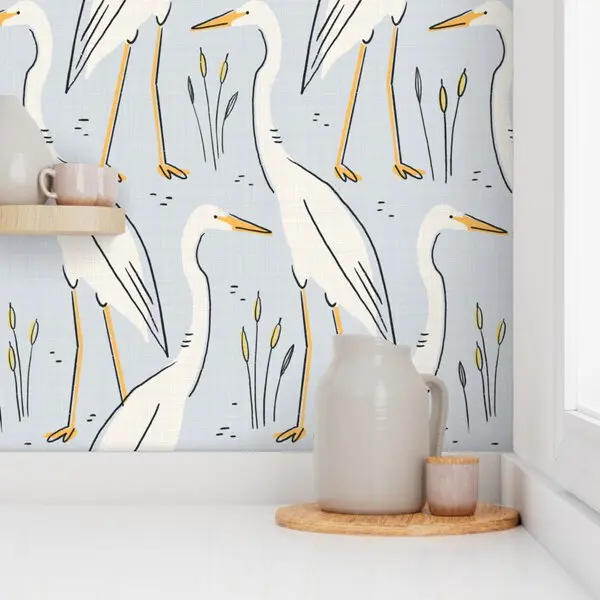 Spoonflower Bird Birds Marsh Lake Herons Custom Pre-pasted Wallpaper